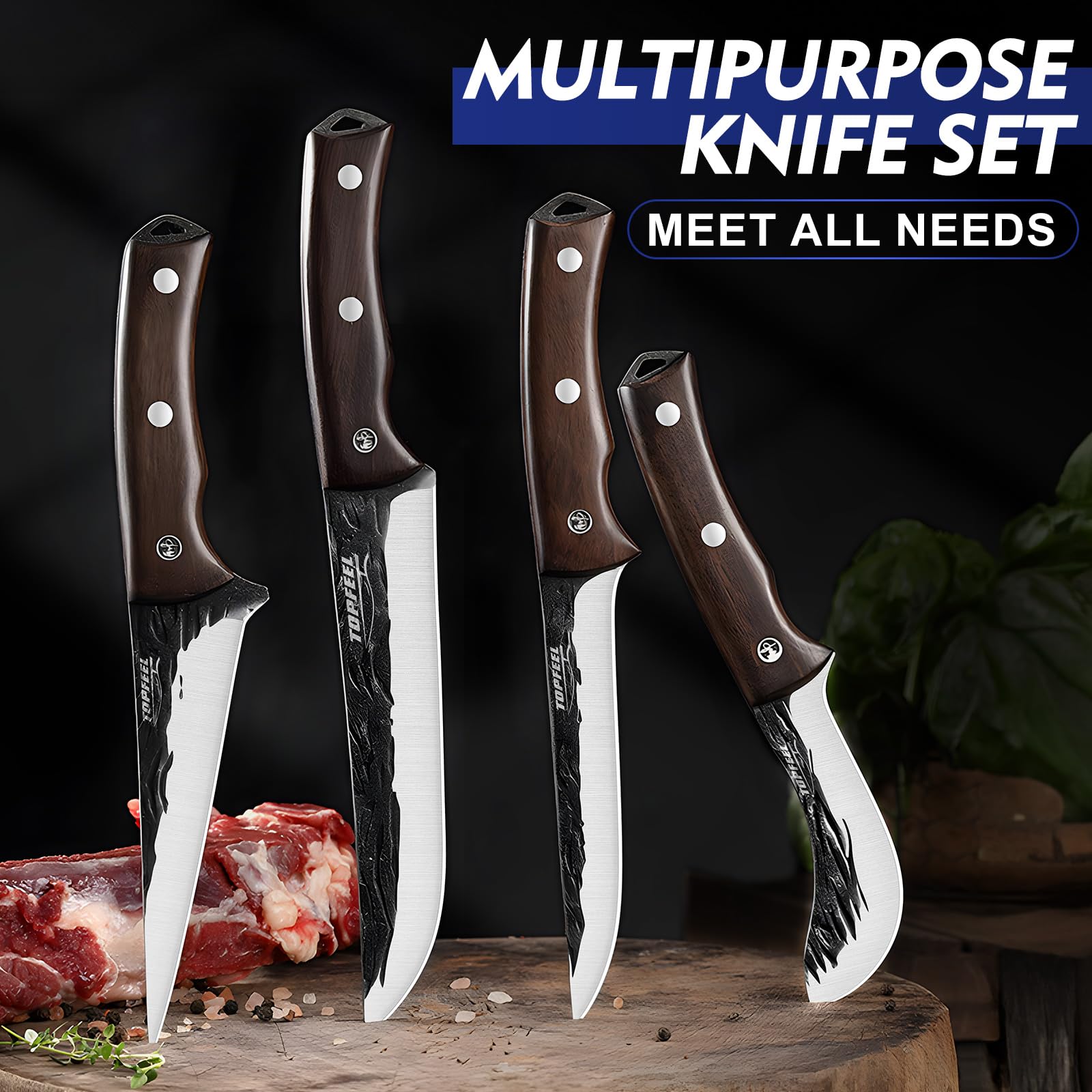 Topfeel 4PCS Hand Forged Butcher Knife Set - Slicing Knife,Boning Knife, Dividing knife,Skinning Butcher Knife,High Carbon Steel Meat Cutting Knife for Home Kitchen & Outdoor