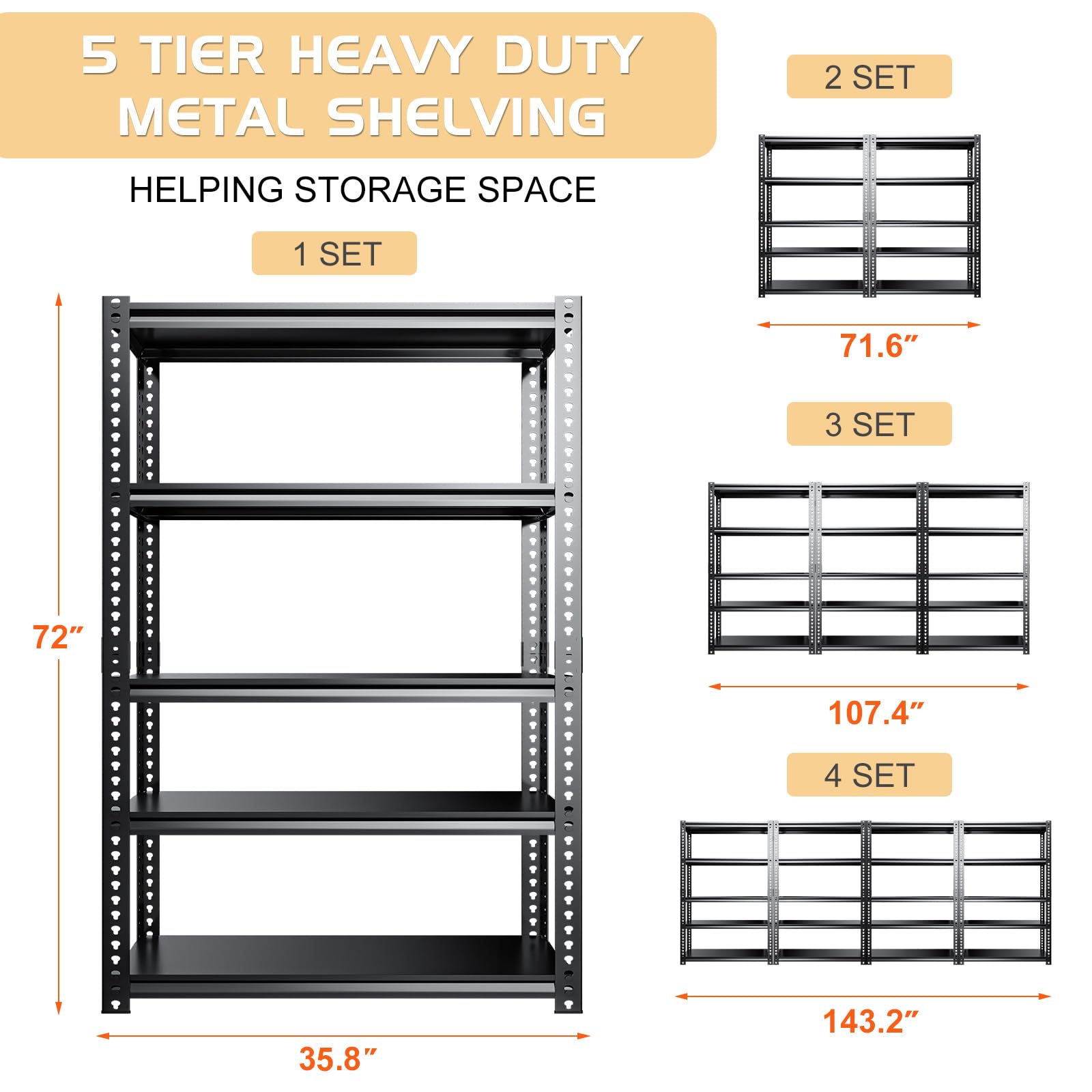 LILYPELLE 2-Pack Heavy Duty Garage Shelving, 72" Metal, Adjustable 5 Tier Storage Shelves, 2000lbs Capacity, Black