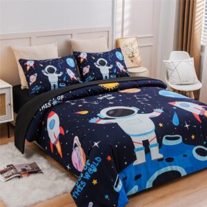 Meeting Story 5Pieces Universe Space Themed Comforter Set Planet Astronaut Rocket Galaxy Printed Pattern Quilt Bedding Set for Kids Girls Boys Children Room Decor (Black,Twin 5pcs)