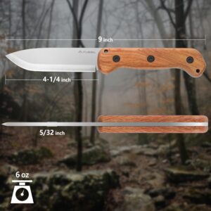 FLISSA 9" Fixed Blade Knife, D2 Steel Hunting Knife for Camping, Outdoor, Bushcraft and Survival, Wood Handle, Leather Sheath Included, Gifts for Husband, Father, Friend