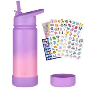 mininoo kids water bottle for school, 16oz stainless steel insulated water bottle kids with straw lid for girls, boys (purple/pink)