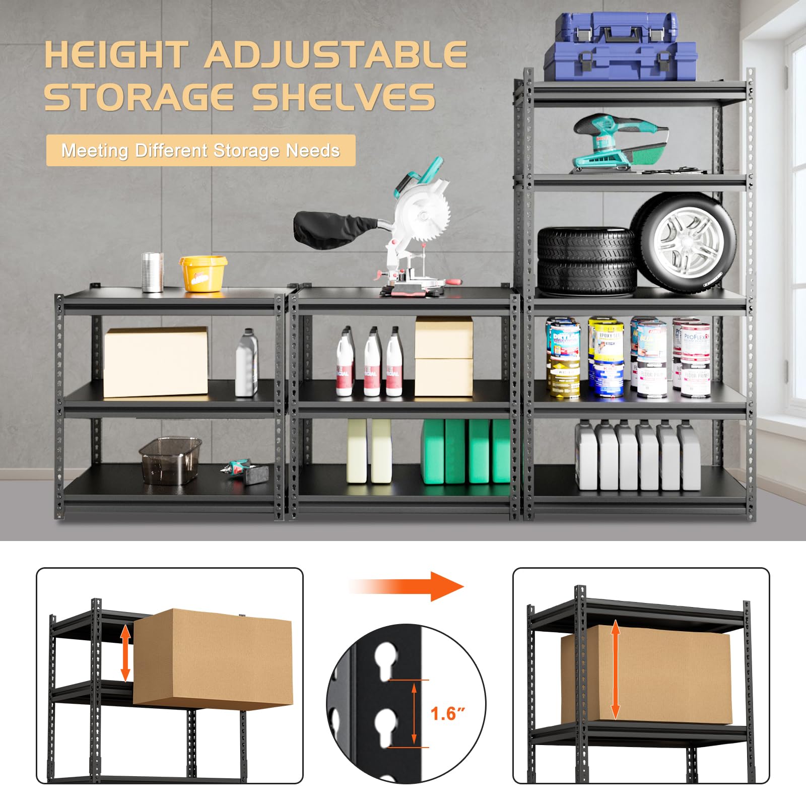 LILYPELLE 2-Pack Heavy Duty Garage Shelving, 72" Metal, Adjustable 5 Tier Storage Shelves, 2000lbs Capacity, Black