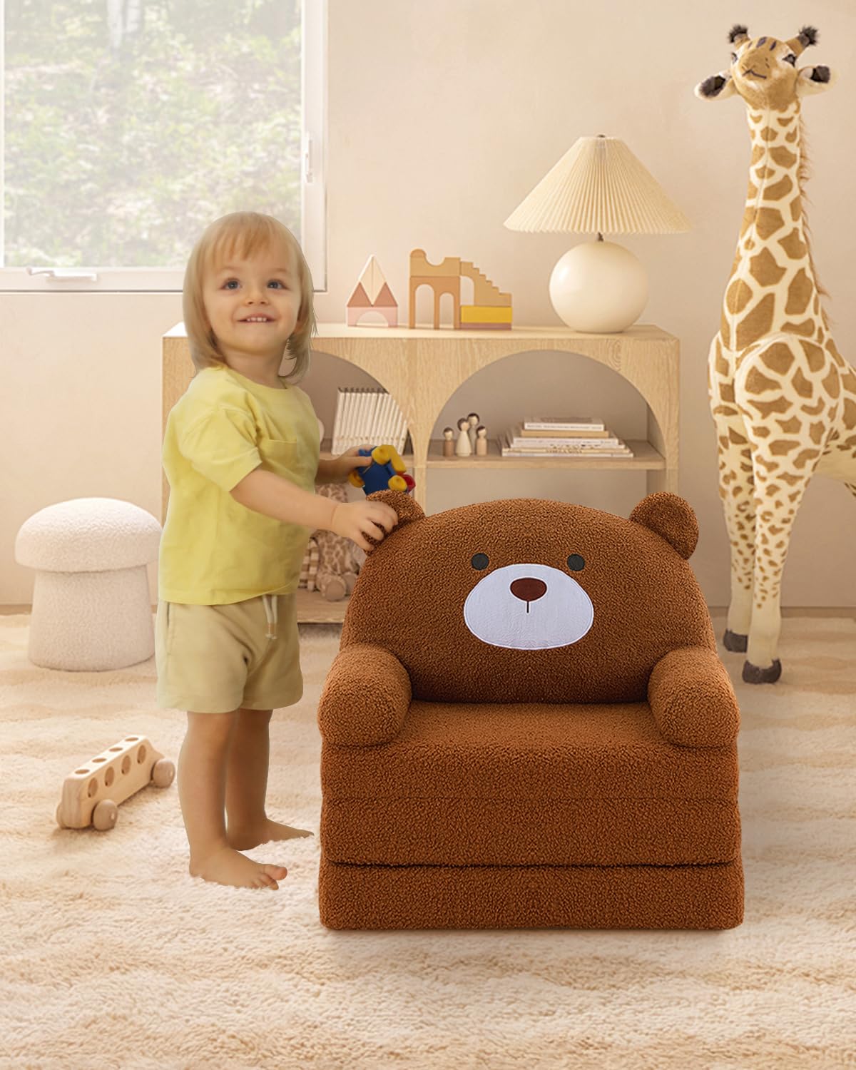 MOONBEEKI Comfy Toddler Chair, Kids Couch Fold Out to Lounger, Foldable Baby Sofa Plush for Girl and Boy Age 18 Months and Up （ Brown Bear）