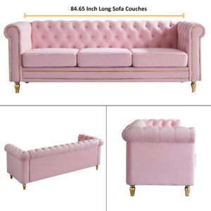 Homtique 84" Modern Sofa Couch for Living Room, 3 Seater Couch Comfy Velvet Sofa Button Tufted Rolled Arms and Gold Legs, Chesterfield Sofa for Home Studio/Office, Bedroom, Pink