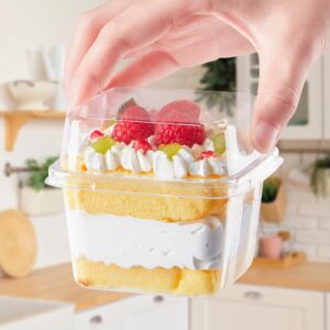 Kucoele 50 Pack 8 oz Plastic Dessert Cups with Lids and Sporks, Clear Square Cake Cups Dessert Containers for Pudding Parfait Fruit Yogurt and Shortcake