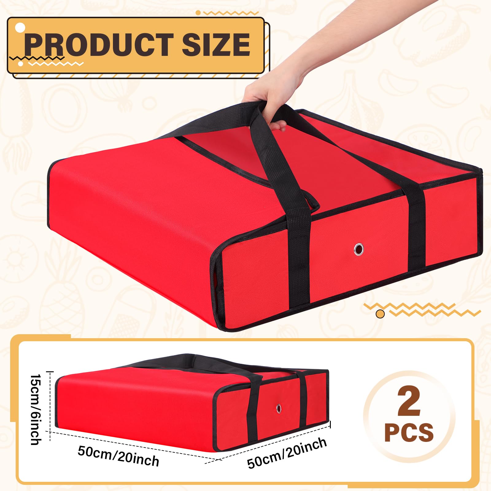 Mifoci 2 Pcs 20 x 20 x 6 Insulated Pizza Delivery Bag Pizza Warmer Bags Pizza Carrier Insulated Bags Hold 2-16" or 18" Pizza Boxes, for Catering Food Delivery, Restaurants, Cookouts (Red)