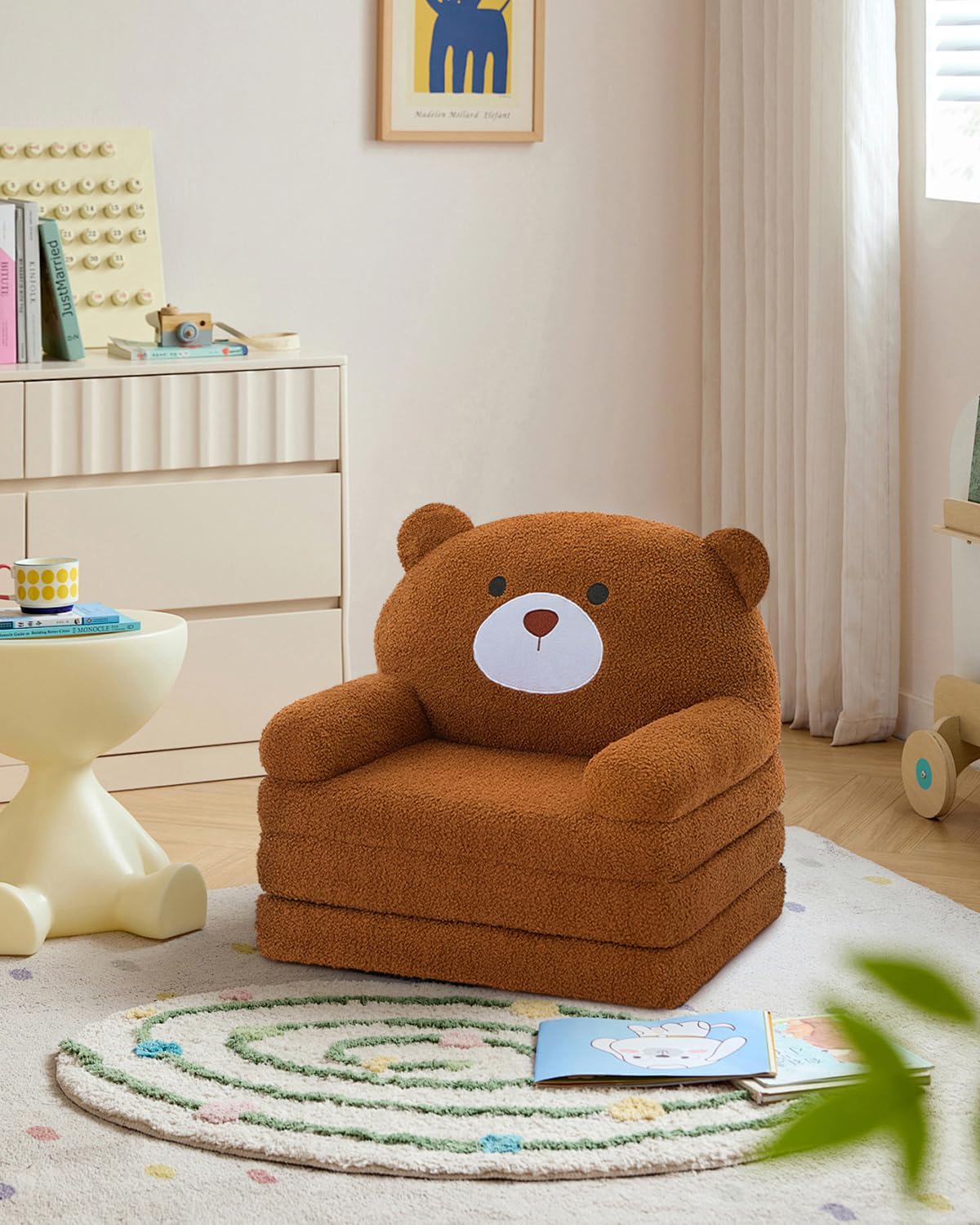 MOONBEEKI Comfy Toddler Chair, Kids Couch Fold Out to Lounger, Foldable Baby Sofa Plush for Girl and Boy Age 18 Months and Up （ Brown Bear）