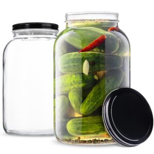 kitchentoolz 1 gallon mason jars wide mouth with lid - large glass pickled egg jar - 128 oz - pickling, storing, brewing, and fermenting - airtight cap - pack of 2