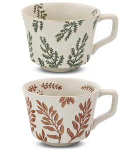 linvia ceramic coffee mug, 12 oz novelty unique teacup with large handle, stoneware cup for tea mocha latte cappuccino espresso (set of 2, ivy and leaf)