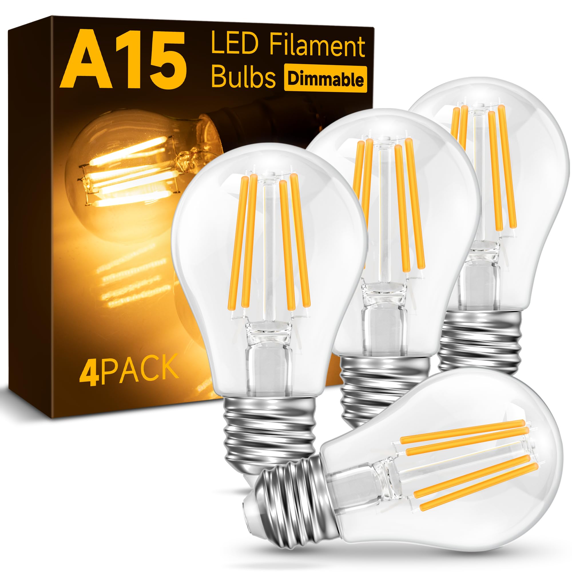 UNILAMP A15 Dimmable LED Light Bulbs, E26 Edison Light Bulb 40 Watt Equivalent, 5W LED Filament Light Bulb, Warm White 2700K, 500LM Ceiling Fan Light Bulbs for Vintage Appliance Bulb, 4 Pack