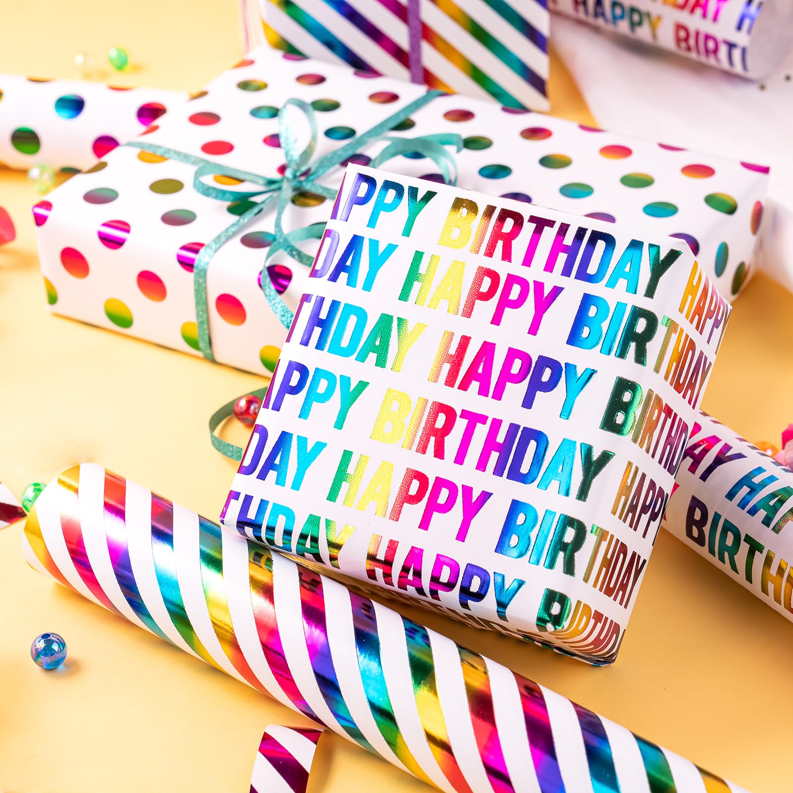 WRAPAHOLIC Birthday Wrapping Paper Roll - Mini Roll - 3 Rolls - 17 inch x 120 inch Per roll - Colorful Foil Birthday Design for Party, Holiday, Baby Shower