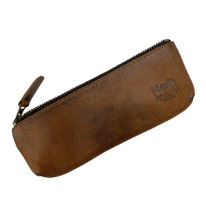 hide & drink, rectangular pencil case, pen & marker pouch for men and women, flat zippered holder, classic style for artists, full grain leather, handmade, bourbon brown