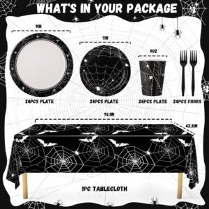 Halloween Party Paper Plates Set, 97Pcs Halloween Tableware Set Include Halloween Plates, Halloween Cups, Halloween Forks, Tablecloth for Black and White Spiderweb Halloween Decorations -Serves 24