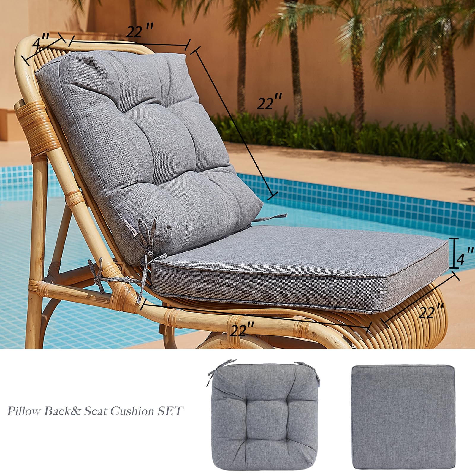 JMGBird Seat/Back Outdoor Chair Cushion Tufted Pillow, Deep Seat Cushion Set 22"x22", Outdoor Cushion for Patio Furniture