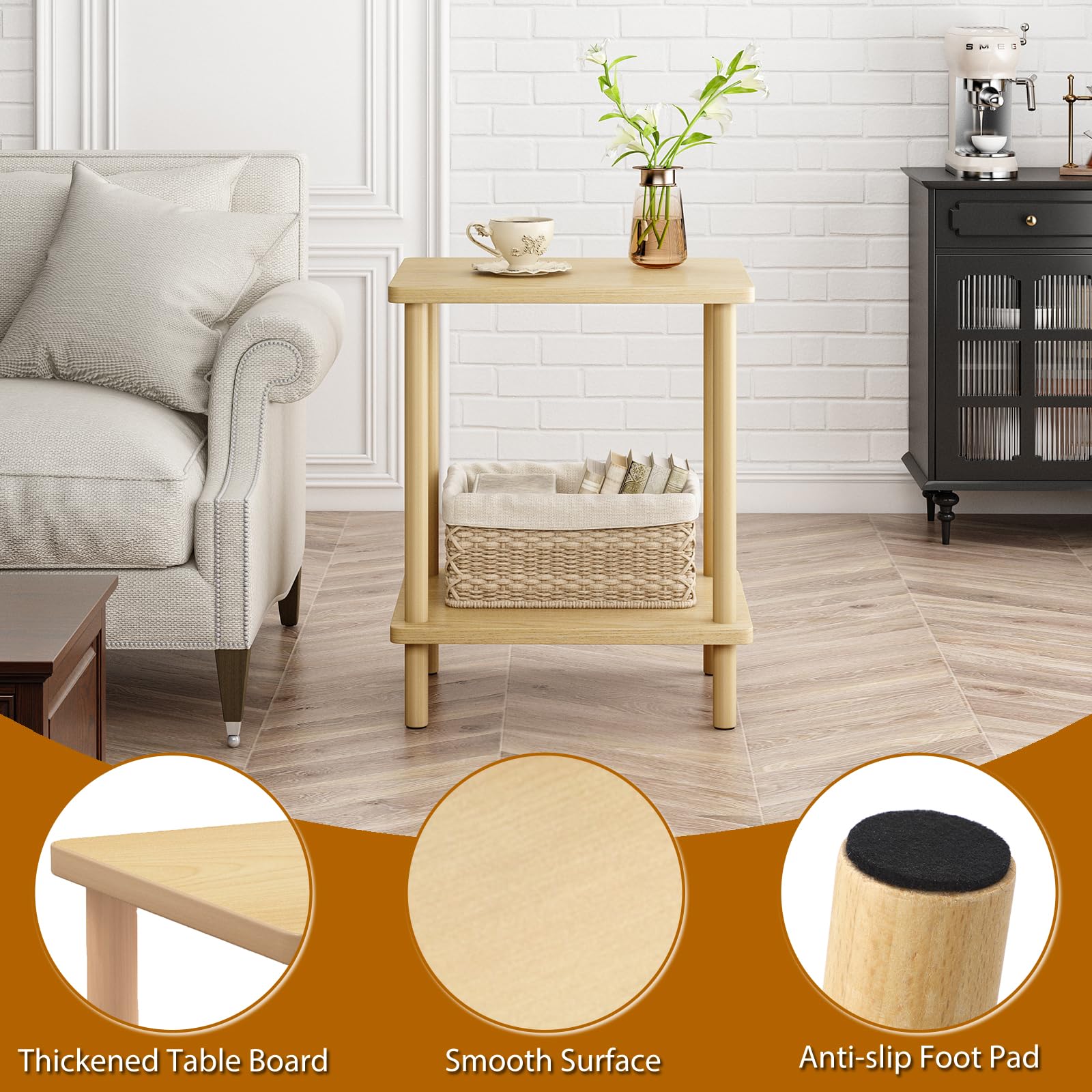 Fixwal Side Table, Small Side Table Living Room, Wood End Table, Nightstand Bedside Table, Natural (No-Tool Assembly)