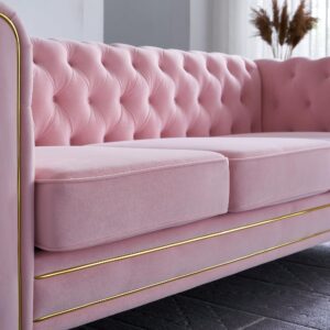 Homtique 84" Modern Sofa Couch for Living Room, 3 Seater Couch Comfy Velvet Sofa Button Tufted Rolled Arms and Gold Legs, Chesterfield Sofa for Home Studio/Office, Bedroom, Pink