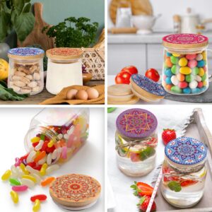 Uiifan 12 Pcs Yogurt Jar Lids Reusable Bamboo Mandala Pattern Lids with Silicone Sealing Rings and 12 Yogurt Bottle Label Jar Wooden Lids Compatible with Oui Yogurt Jars Cookie Spice Coffee Bean Jars