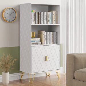 anbuy white bookshelf, 3 tier tall bookcase with doors, storage wood shelves modern bookcases, library book case for living room bedroom home office kitchen