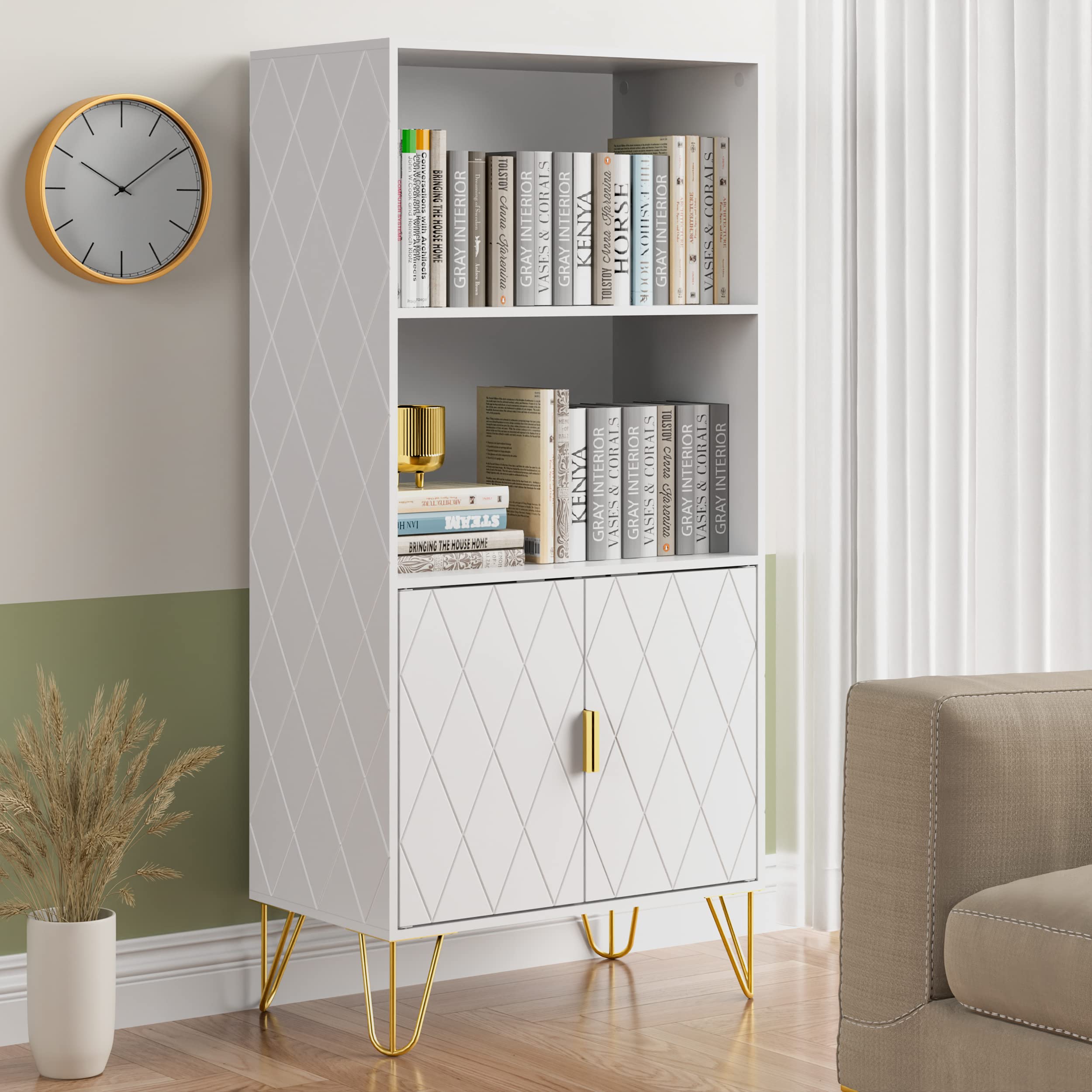 Anbuy White Bookshelf, 3 Tier Tall Bookcase with Doors, Storage Wood Shelves Modern Bookcases, Library Book Case for Living Room Bedroom Home Office Kitchen