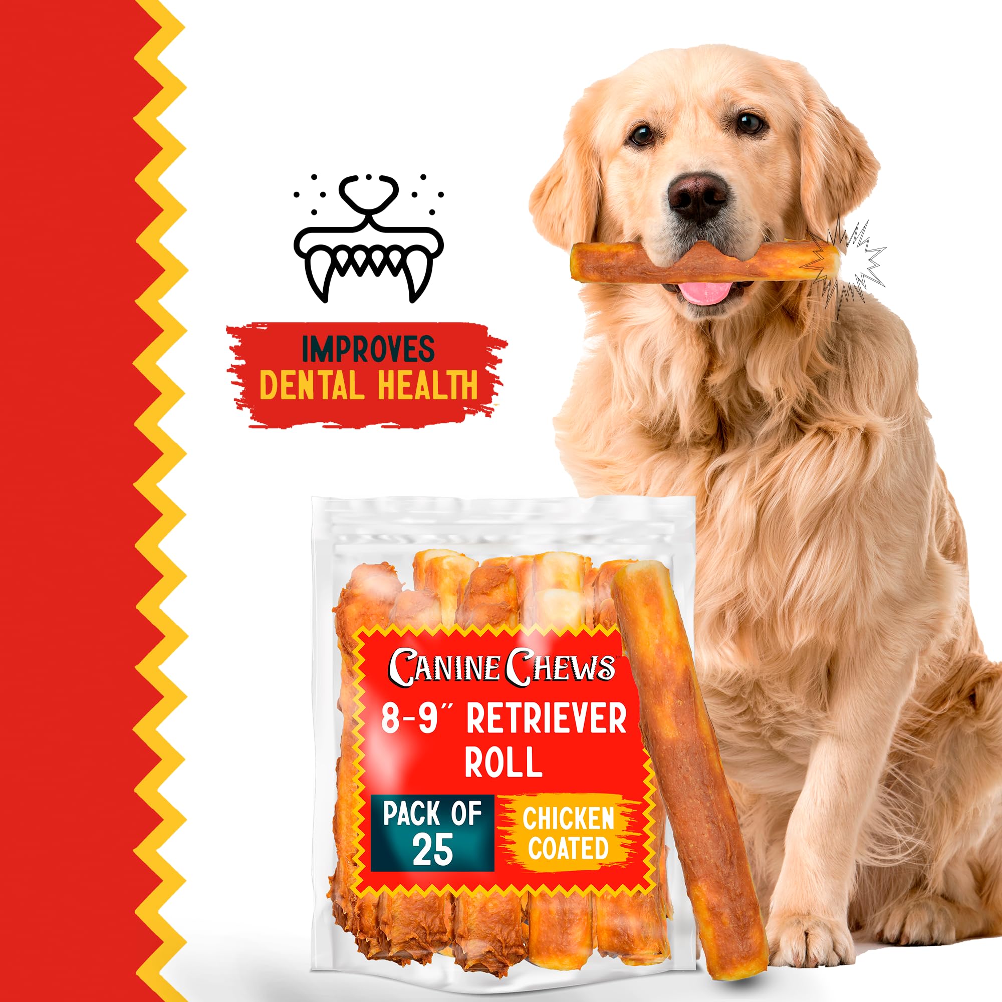 Canine Chews 8-9" Chicken Coated Dog Rawhide Retriever Rolls (25 Pack) - Chicken Rawhide Bones for Large Dogs - 100% USA-Sourced Chicken Coated Dog Rawhide Chews - Healthy Dog Dental Chew Rawhides