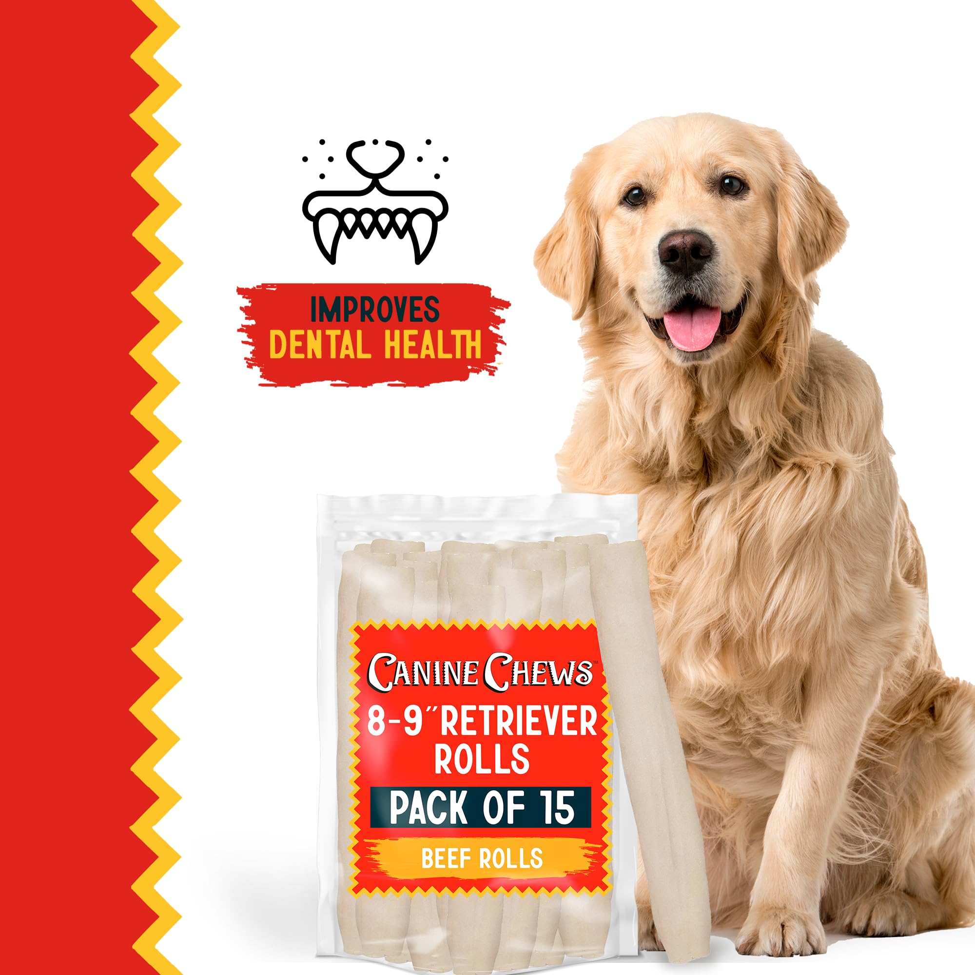 Canine Chews 8-9" Rawhide Retriever Rolls (15 pk) - Rawhide Bones for Large Dogs - 100% USA-Sourced Natural Beef Rawhide Bones - Single Ingredient Dog Rawhide Chews - Dental Health Dog Rawhide Bones