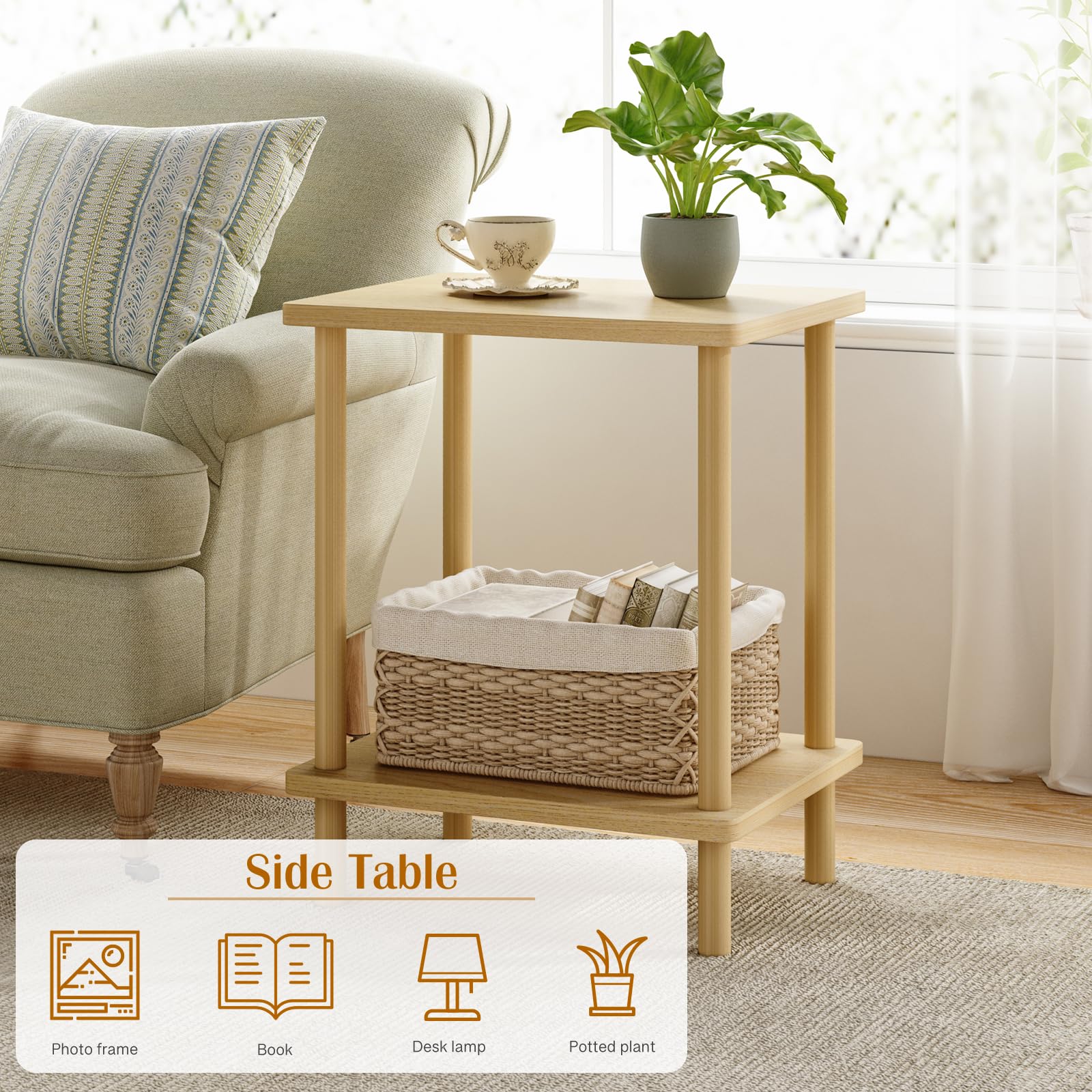 Fixwal Side Table, Small Side Table Living Room, Wood End Table, Nightstand Bedside Table, Natural (No-Tool Assembly)