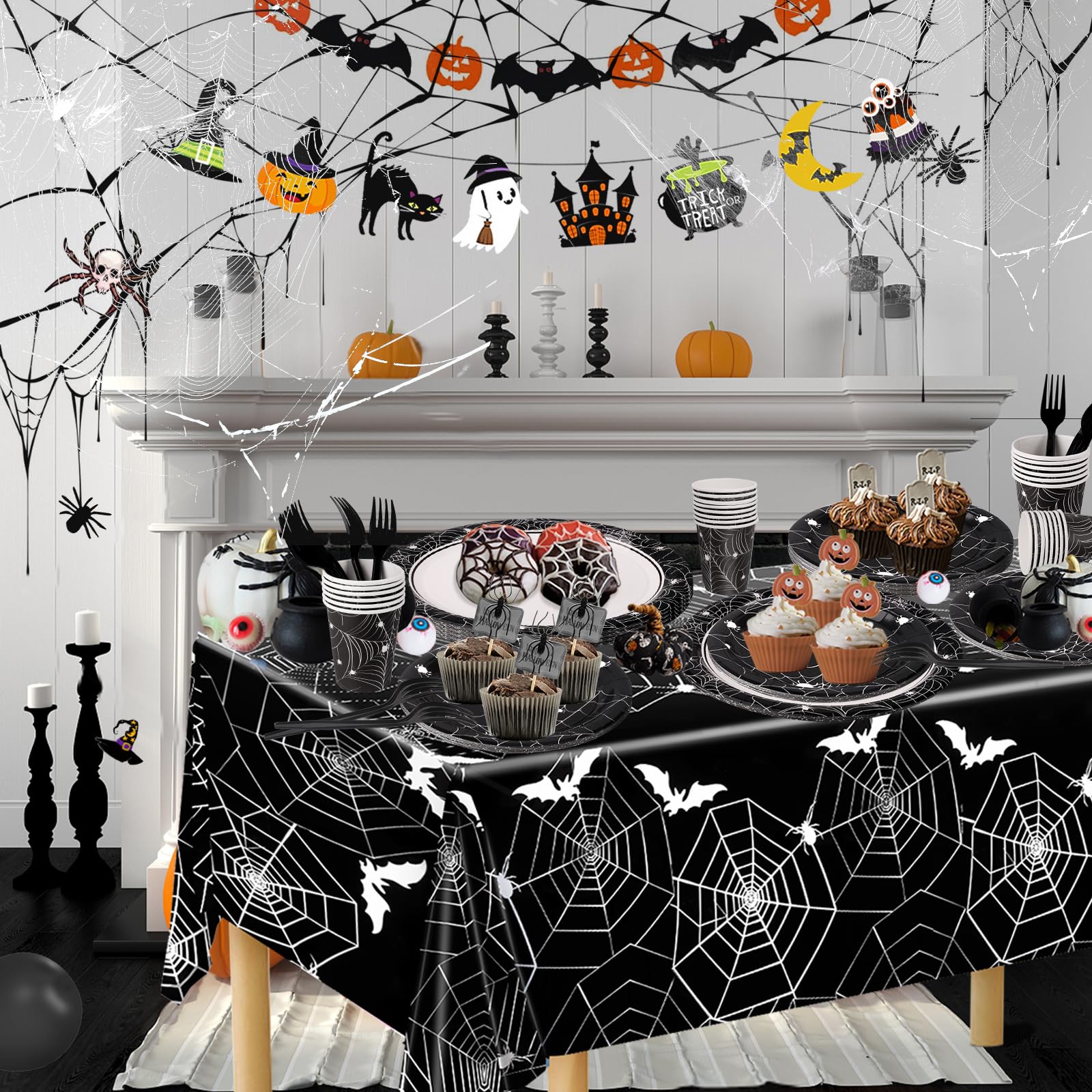 Halloween Party Paper Plates Set, 97Pcs Halloween Tableware Set Include Halloween Plates, Halloween Cups, Halloween Forks, Tablecloth for Black and White Spiderweb Halloween Decorations -Serves 24