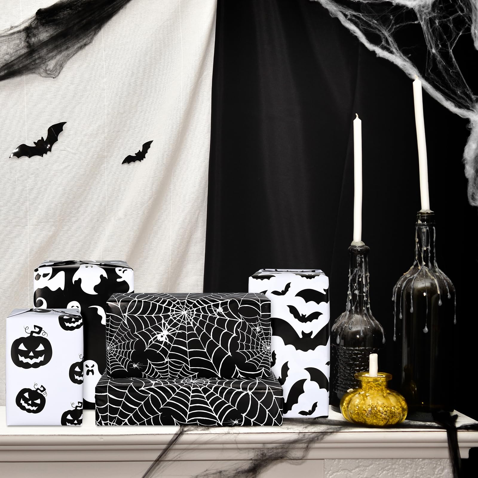 Whaline 12 Sheet Halloween Wrapping Paper Black White Pumpkin Ghost Spider Web Pattern Folded Flat Gift Wrap Paper 4 Design Art Paper for Halloween Party DIY Craft Gift Packing, 19.7 x 27.6 Inch