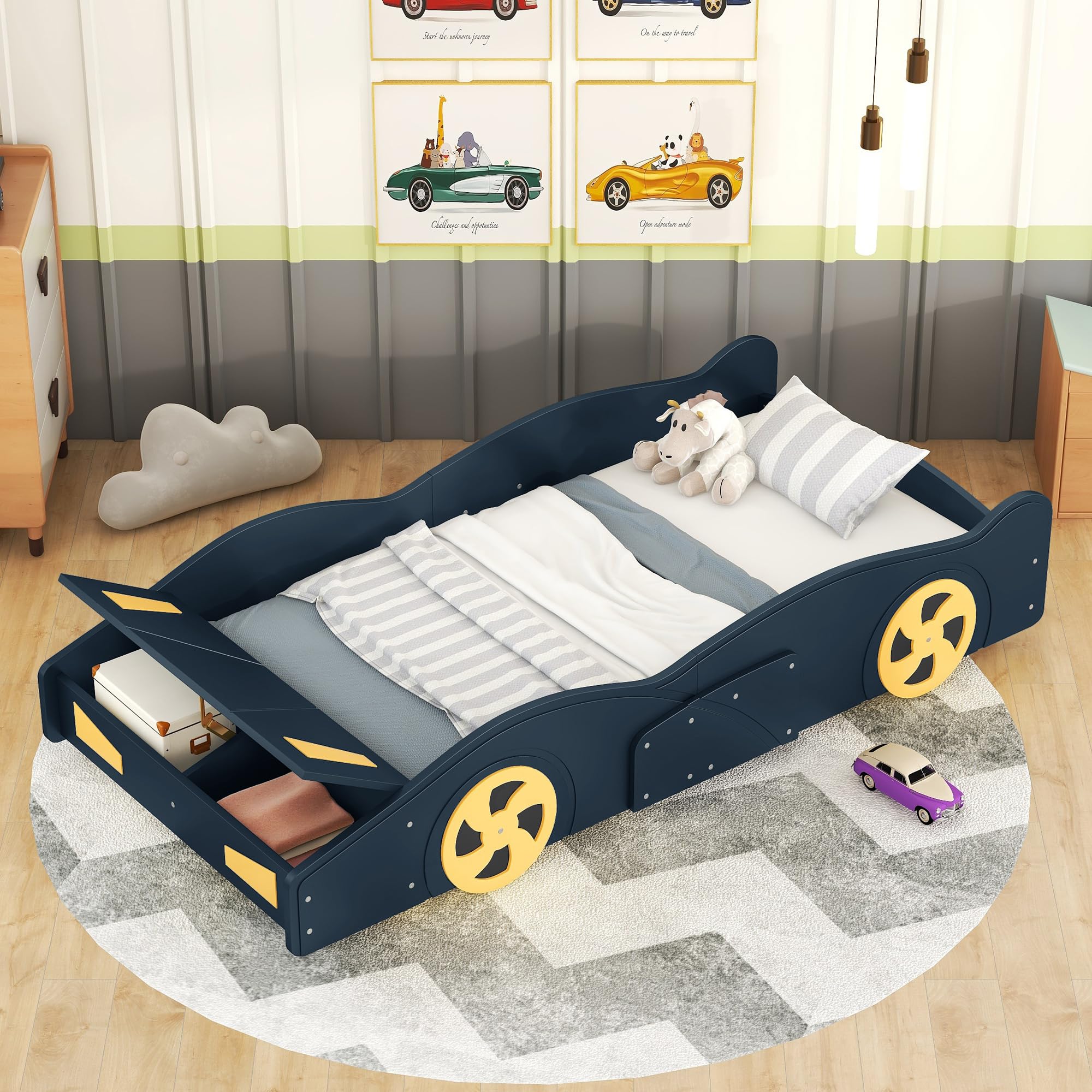 Bellemave Twin Size Race Car Bed with Storage, Wood Platform Bed Frame with Wheels and Support Slats, Twin Kids Bed in Race Car-Shaped for Boys Girls Teens, Dark Blue