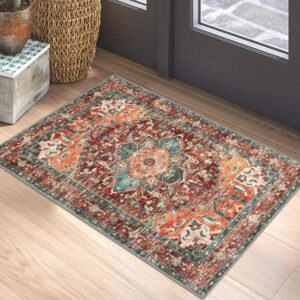 yamaziot washable area rug, 2x3 small entryway rug non-slip boho vintage rug with rubber backing, low pile faux wool soft distressed rug floor carpet for indoor door mat, kitchen, laundry bathroom