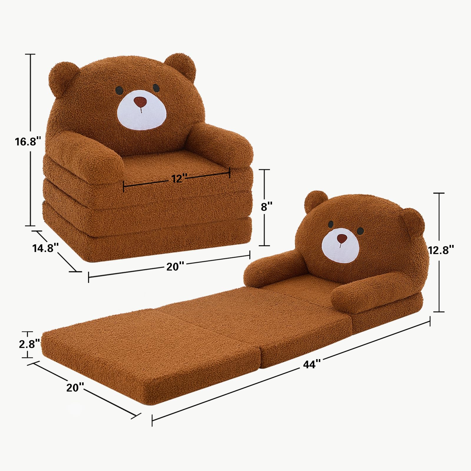 MOONBEEKI Comfy Toddler Chair, Kids Couch Fold Out to Lounger, Foldable Baby Sofa Plush for Girl and Boy Age 18 Months and Up （ Brown Bear）