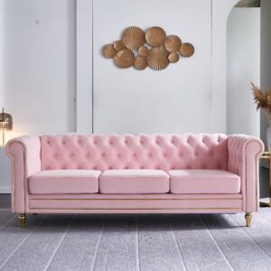 Homtique 84" Modern Sofa Couch for Living Room, 3 Seater Couch Comfy Velvet Sofa Button Tufted Rolled Arms and Gold Legs, Chesterfield Sofa for Home Studio/Office, Bedroom, Pink