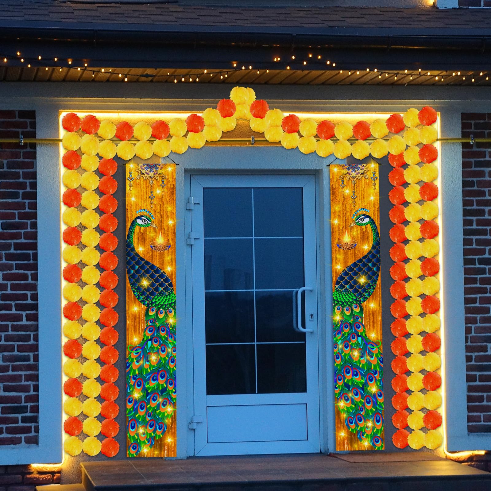 Riceshoot 10 Pcs Diwali Porch Banner Set, 2 Pcs 71 Inches Peacock Front Porch Welcome Sign 6 Pcs 5 ft Orange and Yellow Marigold Garland for Decoration and 2 Pcs 6.5 ft LED Lights for Indian Wedding