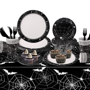 halloween party paper plates set, 97pcs halloween tableware set include halloween plates, halloween cups, halloween forks, tablecloth for black and white spiderweb halloween decorations -serves 24