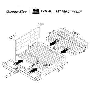 WII UWILL Platform Queen Bed Frame with 2 Storage Drawers and a Twin Size Trundle,Upholstered Bed with Tufted Headboard,Suitable for Kids/Teen/Adults,No Box Spring Needed, Easy Assembly