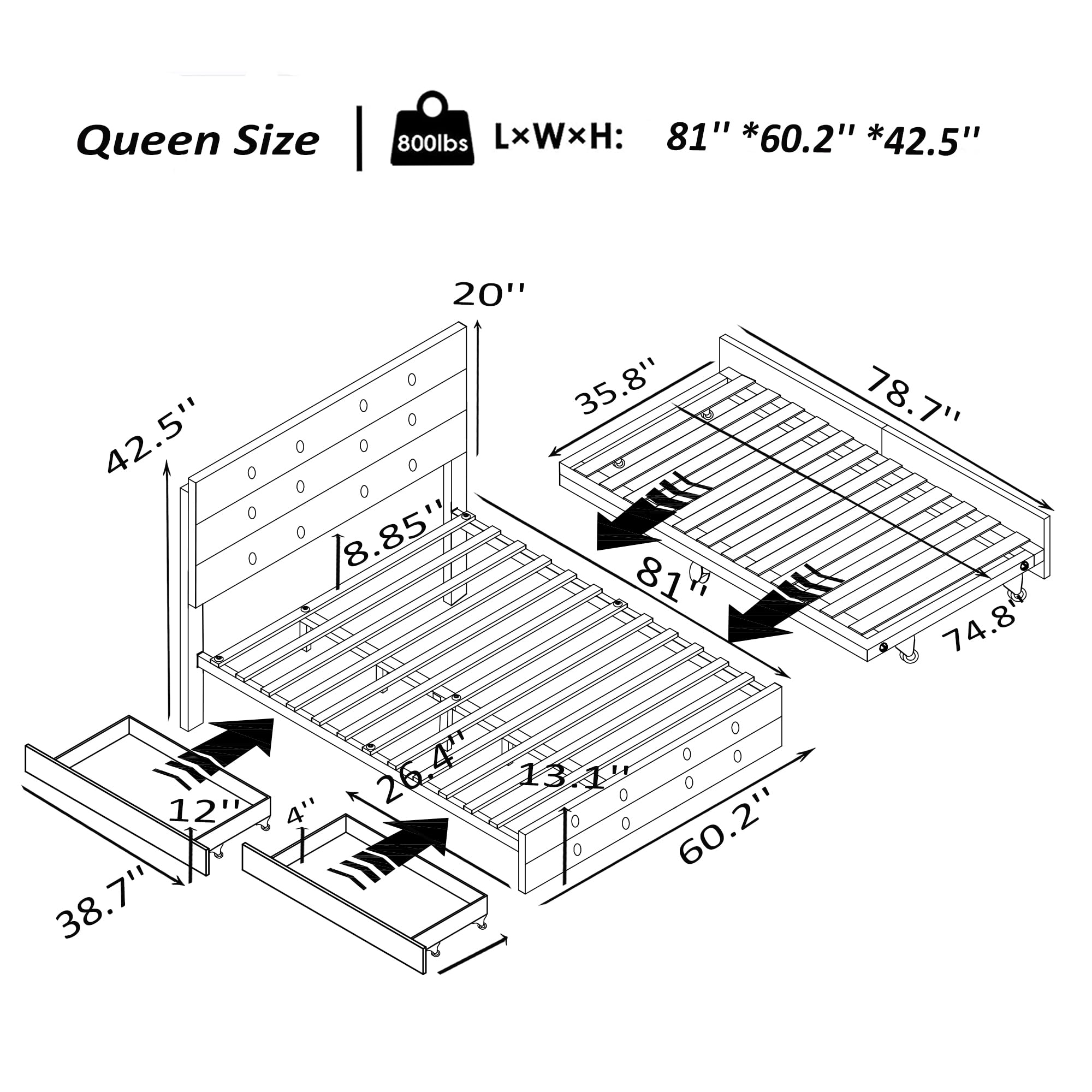 WII UWILL Platform Queen Bed Frame with 2 Storage Drawers and a Twin Size Trundle,Upholstered Bed with Tufted Headboard,Suitable for Kids/Teen/Adults,No Box Spring Needed, Easy Assembly