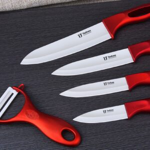 Kitchen Knife Set, 6 Pieces Ceramics Knife Set with Block, Professional Chef Knife Set with Acrylic Stand, Sharp Nonstick Cooking Knife Set with Nonslip handle for Home Family Restaurant (Red)