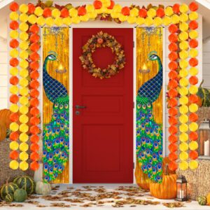 riceshoot 10 pcs diwali porch banner set, 2 pcs 71 inches peacock front porch welcome sign 6 pcs 5 ft orange and yellow marigold garland for decoration and 2 pcs 6.5 ft led lights for indian wedding