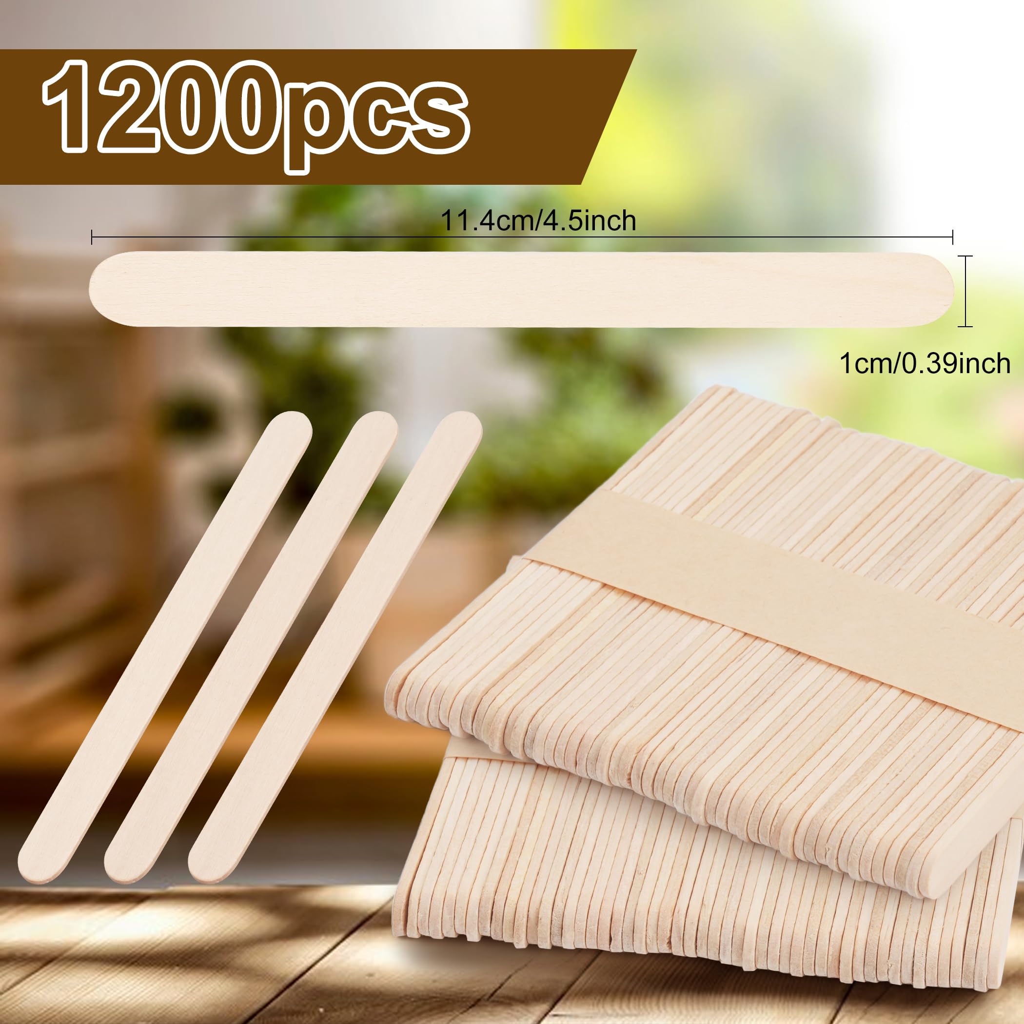 1200 Pieces Wooden Craft Sticks, 4.5 Inch Long Natural Wood Popsicle Ice Cream Sticks for DIY Wood Crafts, Hair Removal and Waxing Supplies, Paint Stirrer, Art Projects and Ice Pop Sticks