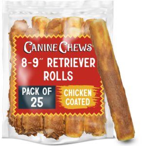 canine chews 8-9" chicken coated dog rawhide retriever rolls (25 pack) - chicken rawhide bones for large dogs - 100% usa-sourced chicken coated dog rawhide chews - healthy dog dental chew rawhides