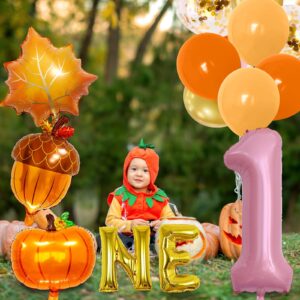 Fall Balloons for 1st Birthday, 40 Inch Pink One Balloon for First Birthday, Pumpkin Balloon, Maple Leaves Nut Foil Helium Balloons, Pink 1 Balloon for 1st Birthday, Fall Birthday Party Decorations