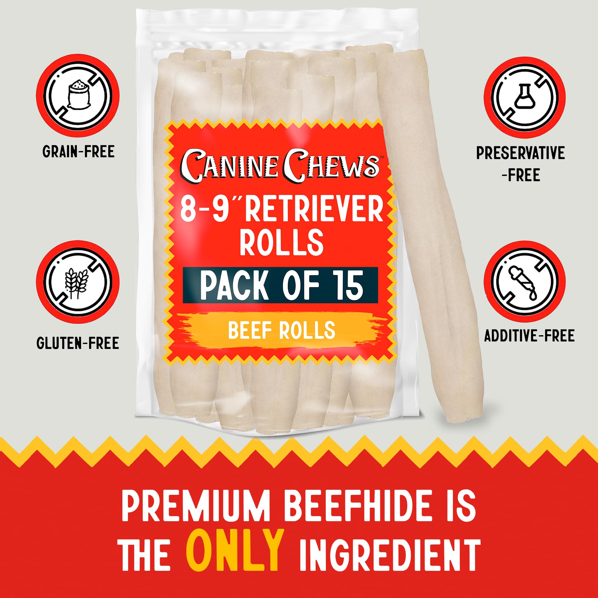 Canine Chews 8-9" Rawhide Retriever Rolls (15 pk) - Rawhide Bones for Large Dogs - 100% USA-Sourced Natural Beef Rawhide Bones - Single Ingredient Dog Rawhide Chews - Dental Health Dog Rawhide Bones