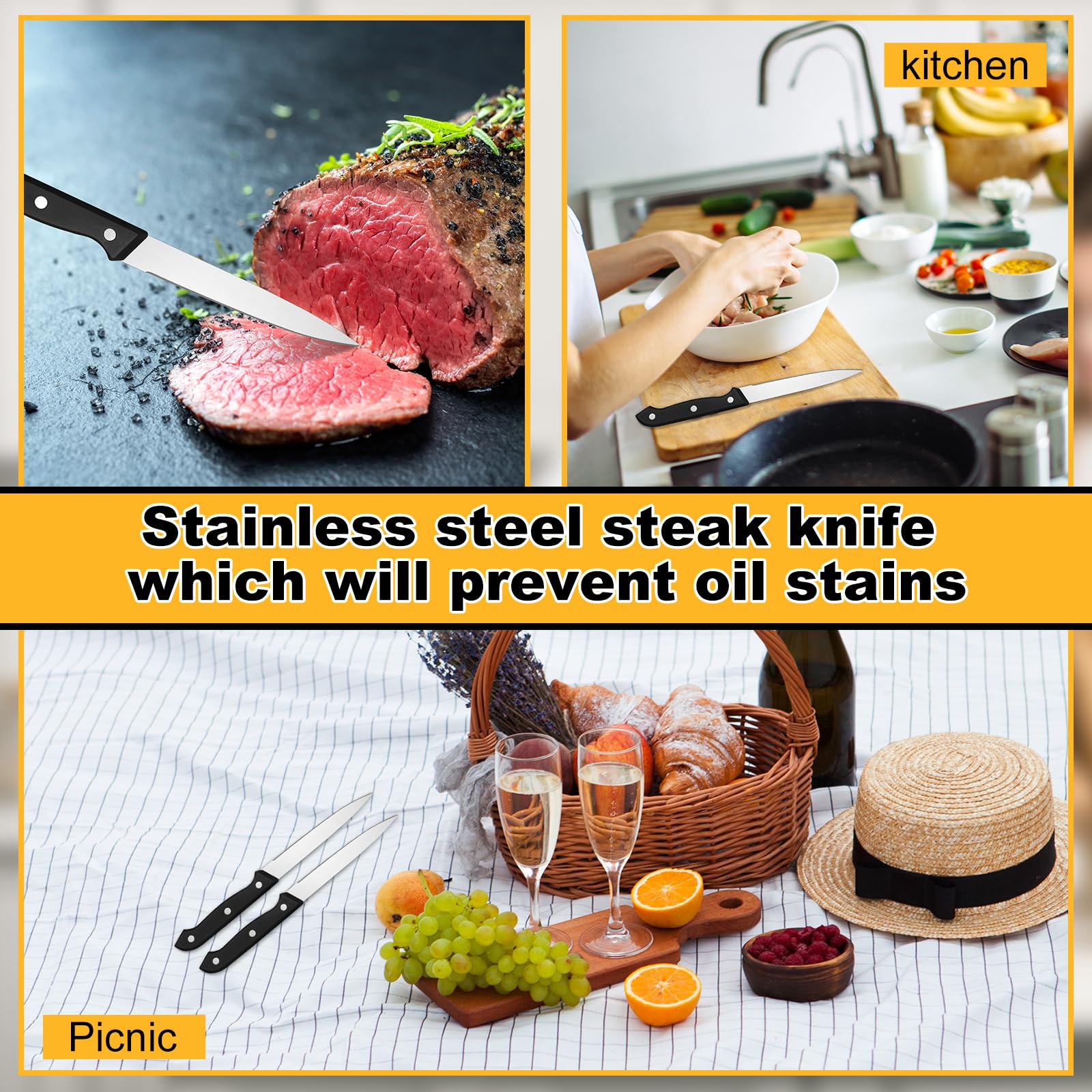 Lasnten 100 Pcs 8.78 Inches Stainless Steel Steak Knives Set Pointed Tip Steak Knives Plastic Handle Kitchen Steak Knife for Restaurant Tableware Camping Wedding Party, Black