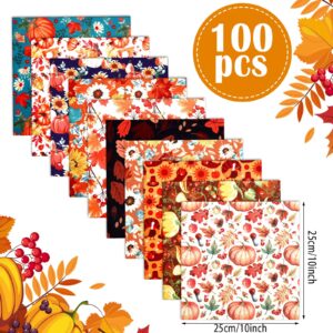 Ganeen 100 Pcs 10 x 10 Inch Thanksgiving Fabric Fall Fabric Squares Fall Pumpkin Quarters Bundles Fabric Scraps Fat Sewing Quilting Patchwork for Thanksgiving Autumn DIY Craft