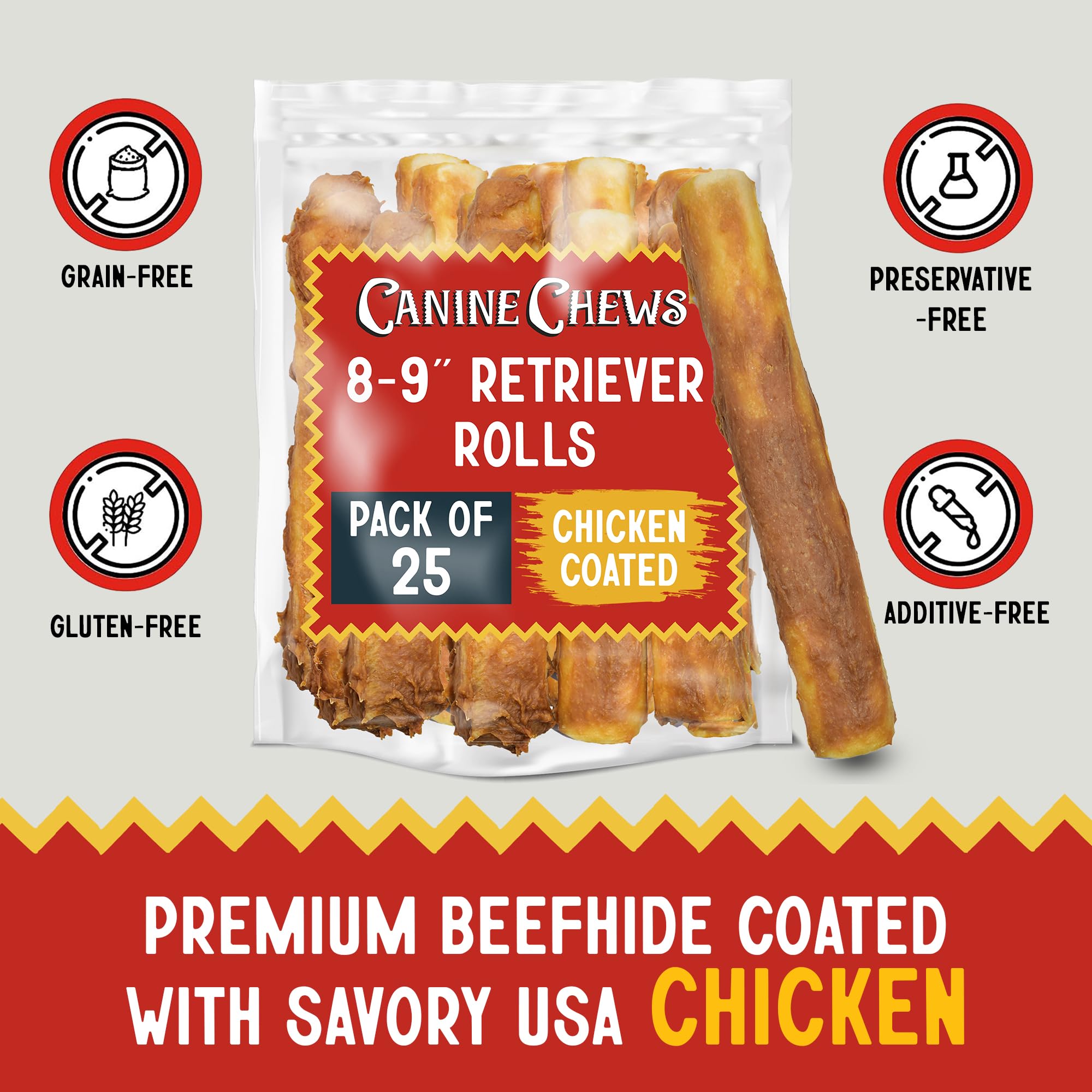 Canine Chews 8-9" Chicken Coated Dog Rawhide Retriever Rolls (25 Pack) - Chicken Rawhide Bones for Large Dogs - 100% USA-Sourced Chicken Coated Dog Rawhide Chews - Healthy Dog Dental Chew Rawhides