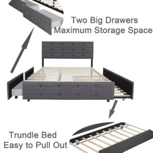 WII UWILL Platform Queen Bed Frame with 2 Storage Drawers and a Twin Size Trundle,Upholstered Bed with Tufted Headboard,Suitable for Kids/Teen/Adults,No Box Spring Needed, Easy Assembly