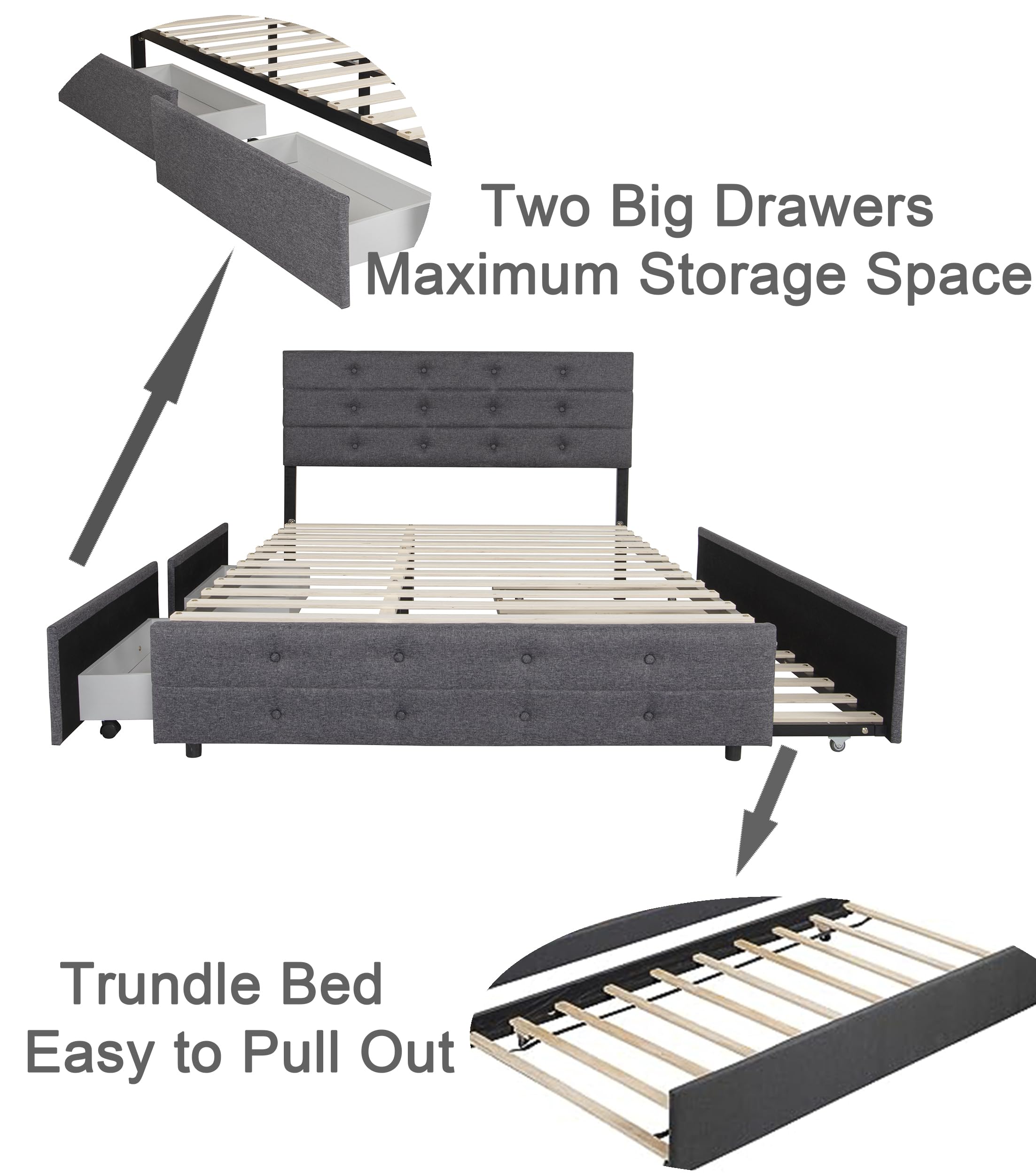 WII UWILL Platform Queen Bed Frame with 2 Storage Drawers and a Twin Size Trundle,Upholstered Bed with Tufted Headboard,Suitable for Kids/Teen/Adults,No Box Spring Needed, Easy Assembly