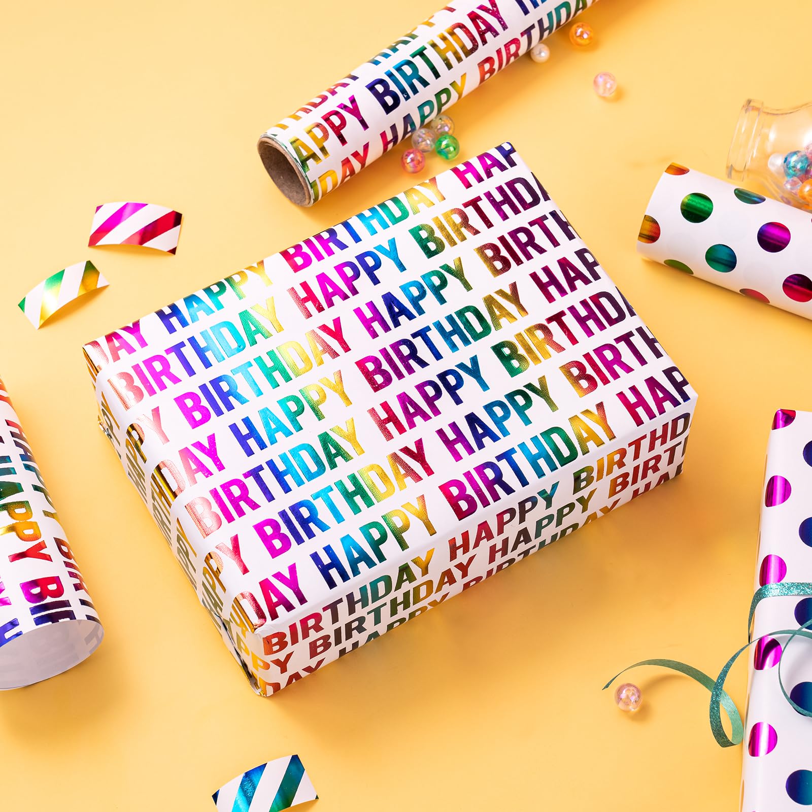 WRAPAHOLIC Birthday Wrapping Paper Roll - Mini Roll - 3 Rolls - 17 inch x 120 inch Per roll - Colorful Foil Birthday Design for Party, Holiday, Baby Shower