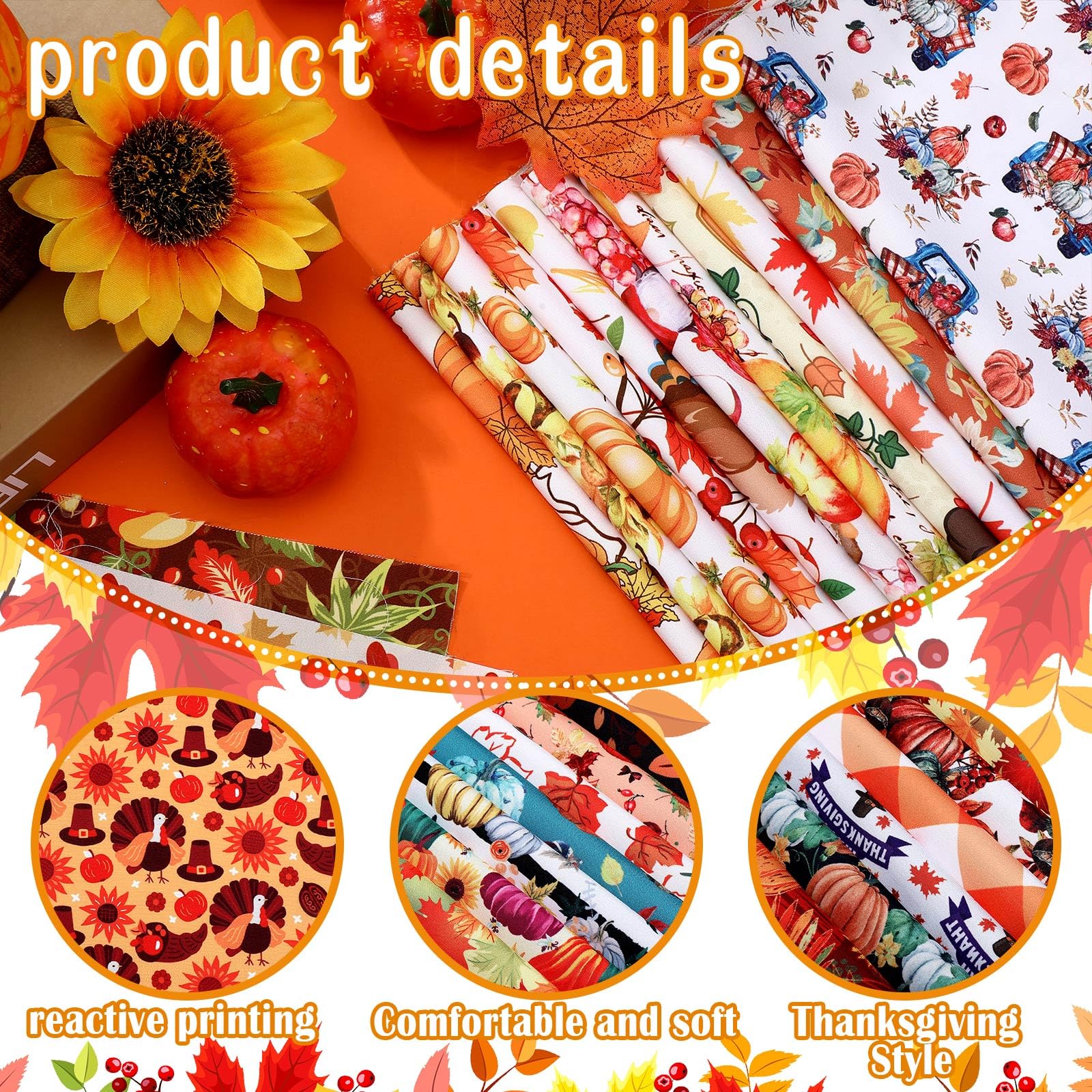 Ganeen 100 Pcs 10 x 10 Inch Thanksgiving Fabric Fall Fabric Squares Fall Pumpkin Quarters Bundles Fabric Scraps Fat Sewing Quilting Patchwork for Thanksgiving Autumn DIY Craft