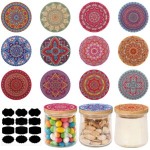 uiifan 12 pcs yogurt jar lids reusable bamboo mandala pattern lids with silicone sealing rings and 12 yogurt bottle label jar wooden lids compatible with oui yogurt jars cookie spice coffee bean jars